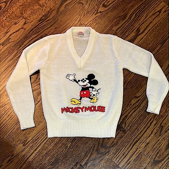 Disney | Sweaters | Vintage Mickey Mouse Disney White Knit Vneck Adult ...